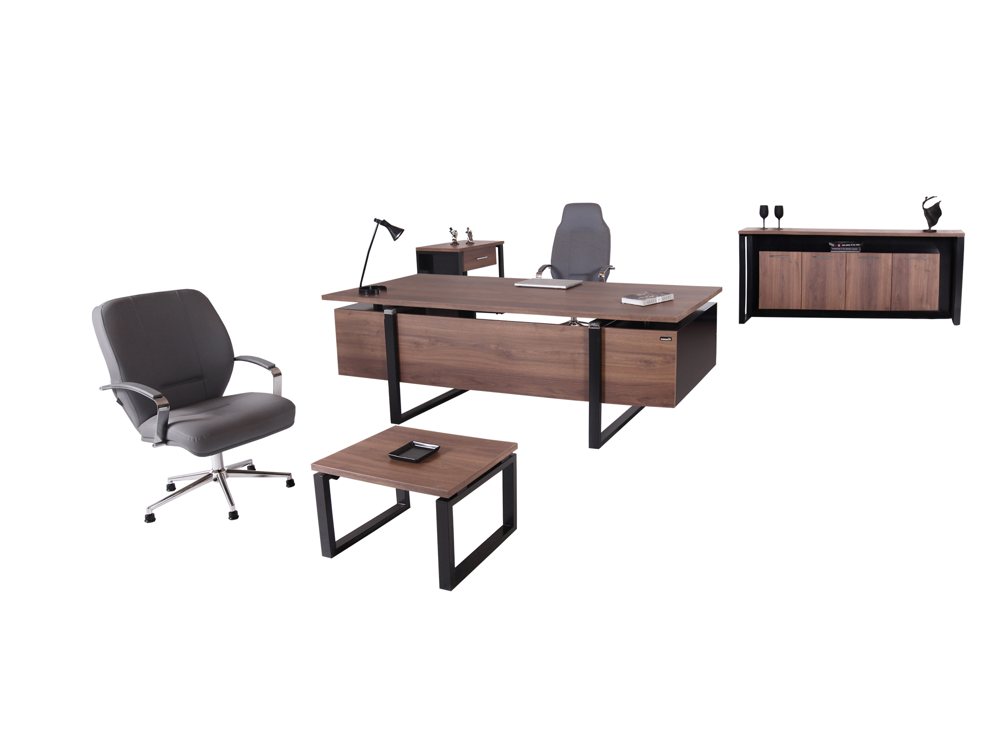 طقم أثاث مكتبي لارا 4 قطع - مكتب 200 سم - بني وأسود
